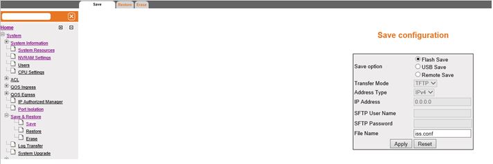 Web Interface: Save and Restore Configurations